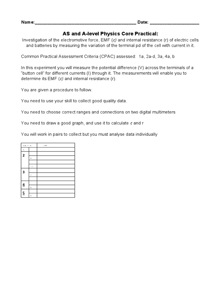 EDEXCEL CORE PRAC EMF & Internal Resistance Worksheet | PDF | Voltage ...