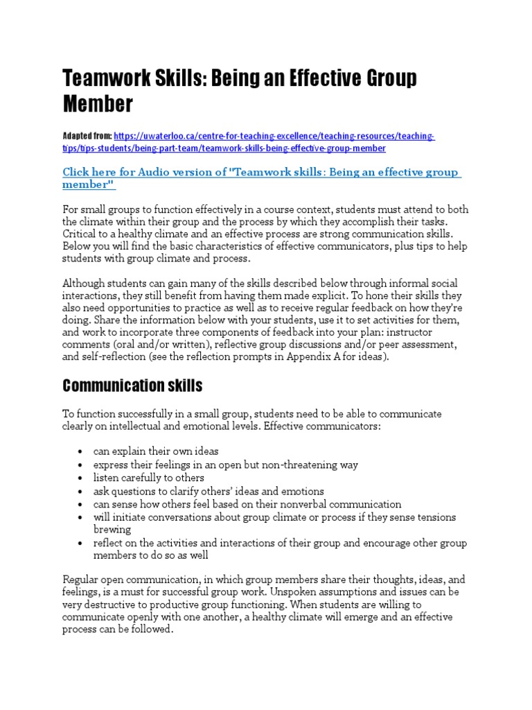 Skills For Being An Effective Group Member | PDF | Goal | Mediation