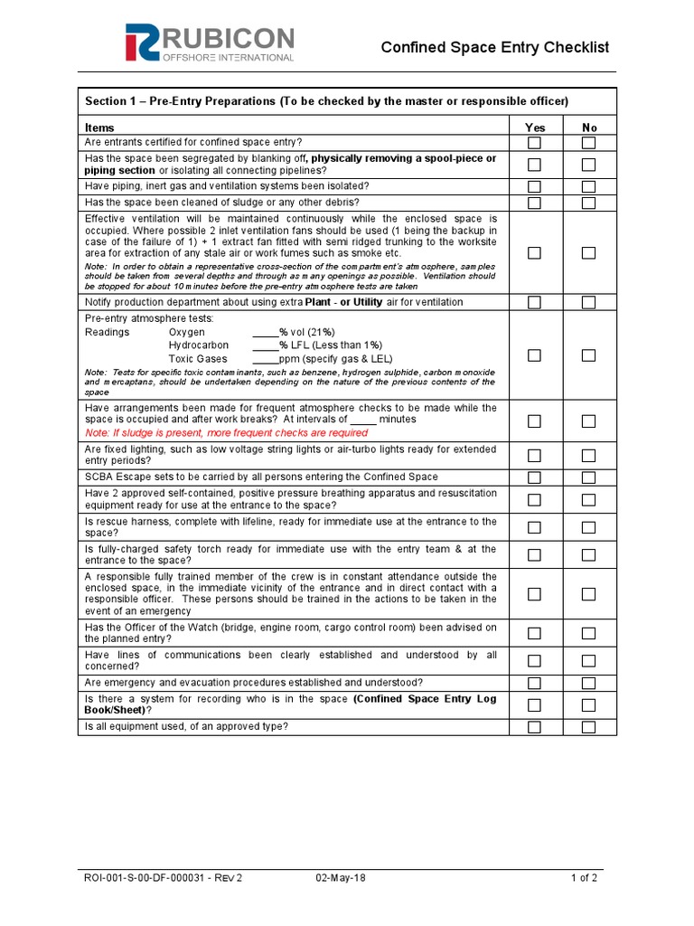 Confined Space Checklist Confined Space Entry Program