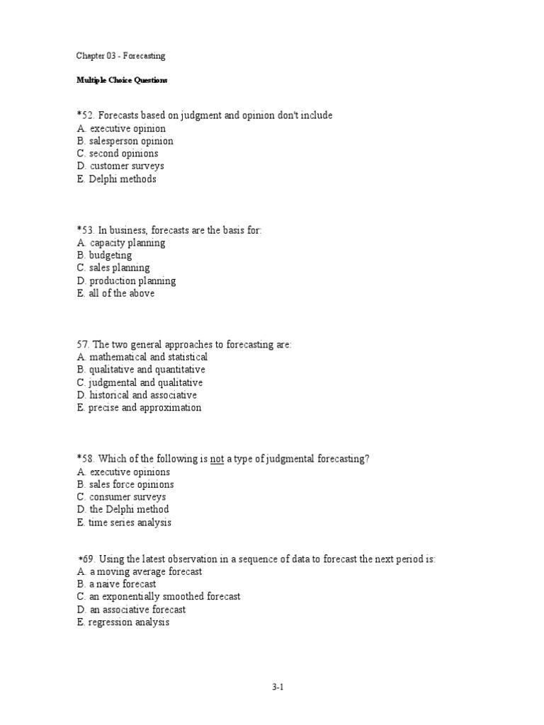 Chapter 03 - Forecasting: Multiple Choice Questions | PDF | Forecasting | Moving Average