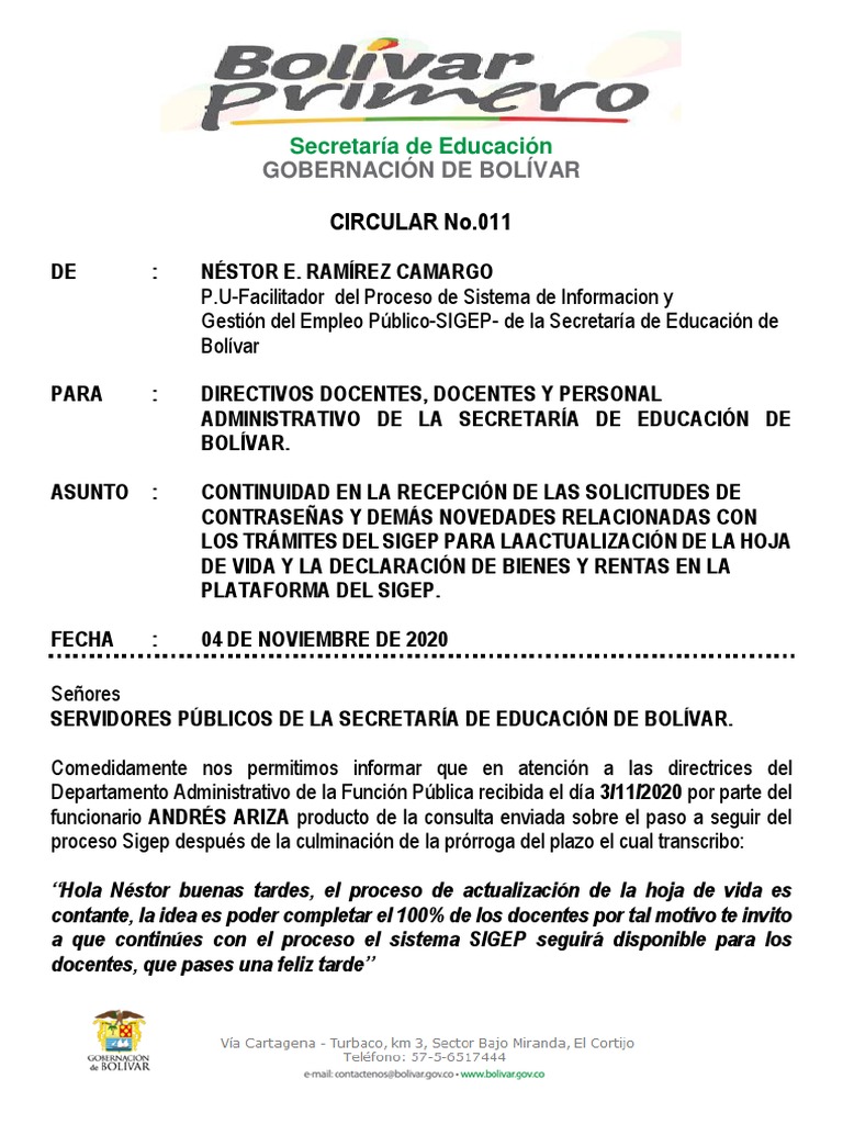 CIRCULAR No.11 SIGEP-SEDBOL | PDF | Informática | Informática y tecnología de la información