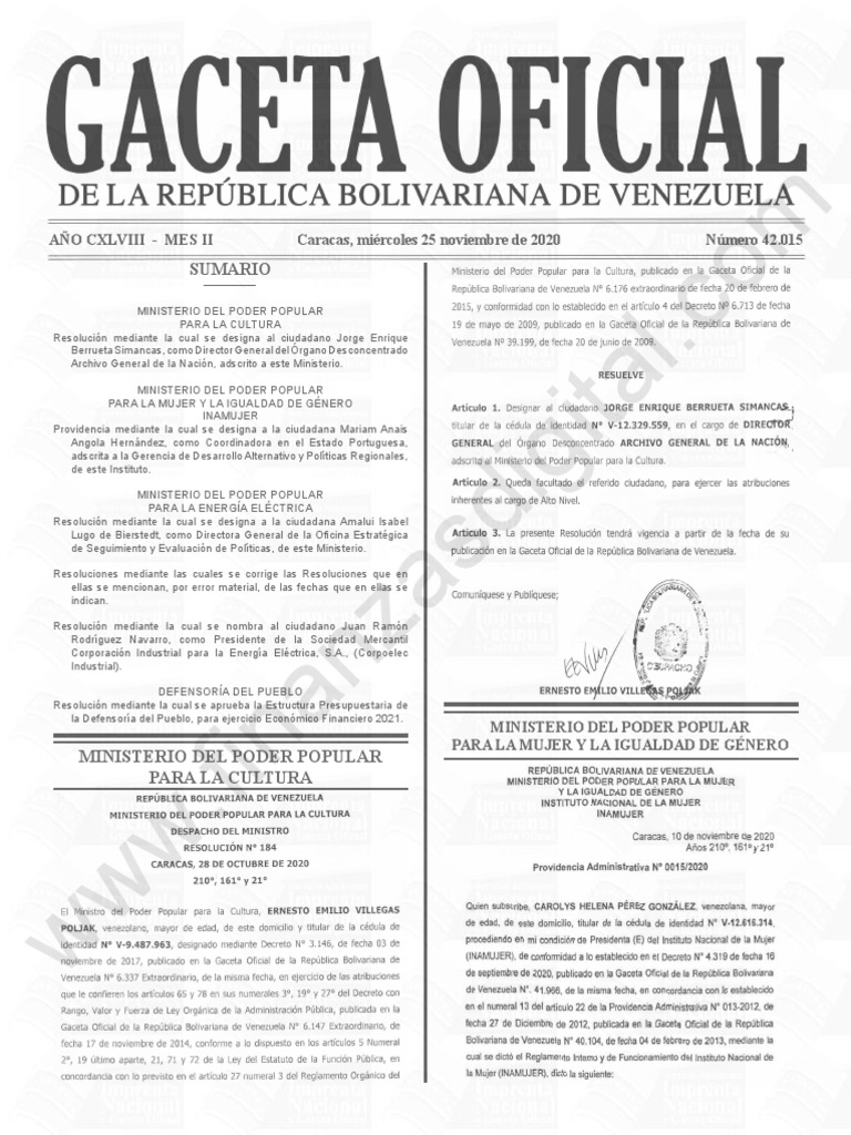 Gaceta Oficial #42.015: Sumario | PDF | Gobierno | Energía y recursos