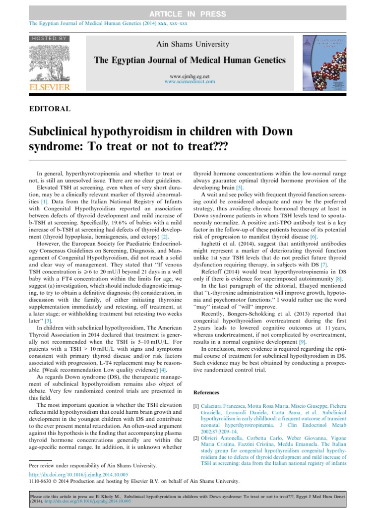 Subclinical Hypothyroidism in Children With Down Syndrome: To Treat or ...