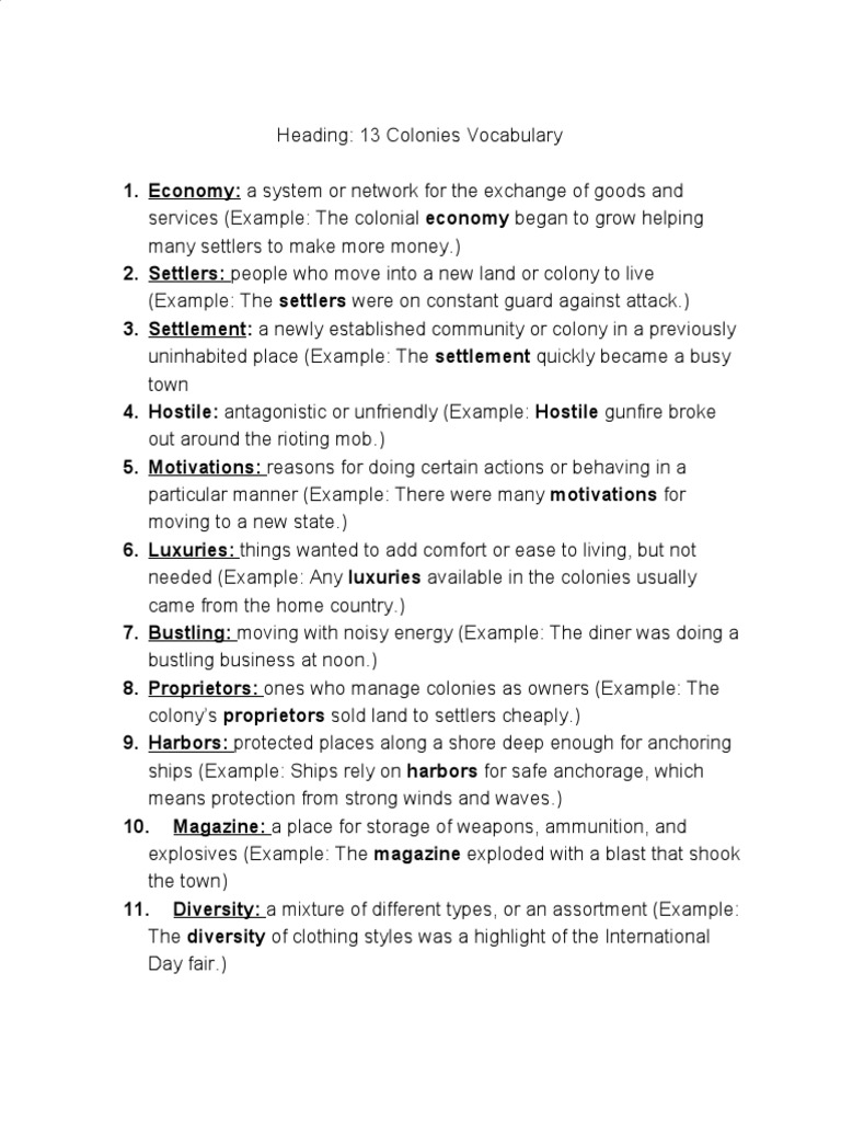 13 Colonies Vocabulary-2 | PDF