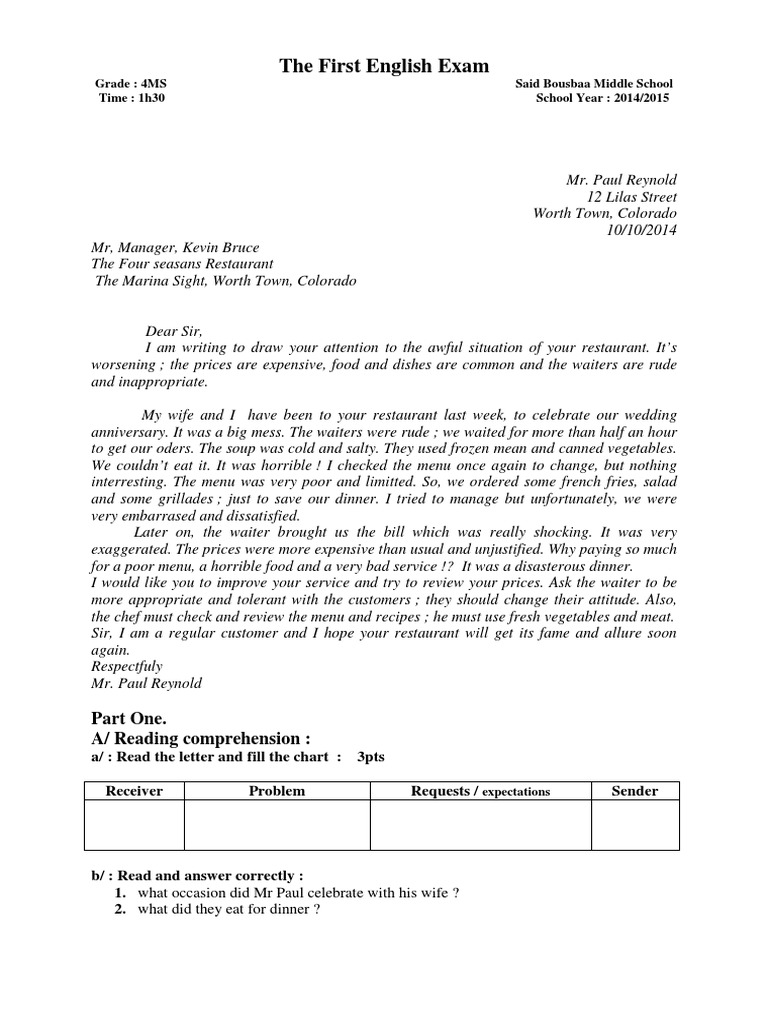 The First English Exam: Part One. A/ Reading Comprehension | PDF ...