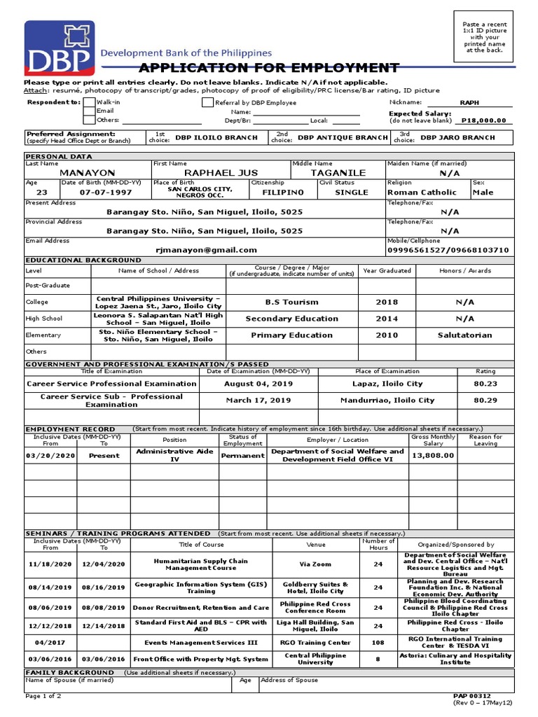 DBP Employment Application Form | PDF | Labour