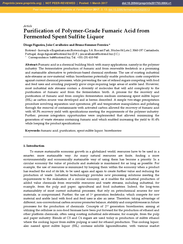 Purification of Polymer-Grade Fumaric Acid From Fermented Spent Sulfite ...