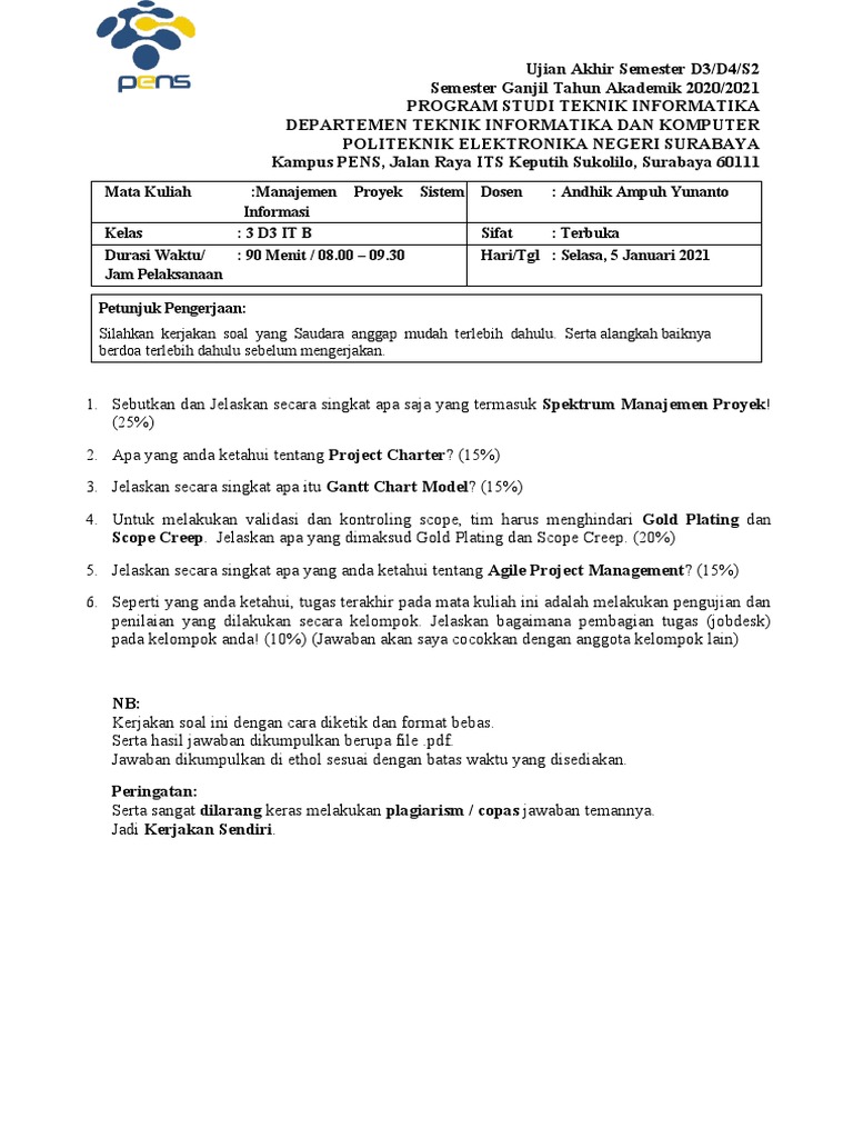 Soal UAS Manajemen Proyek Sistem Informasi | PDF