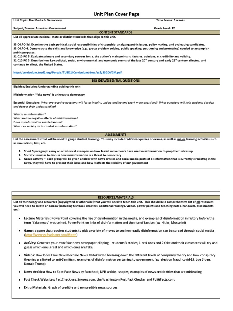 Unit Plan Cover Page: Content Standards | PDF | Social Science