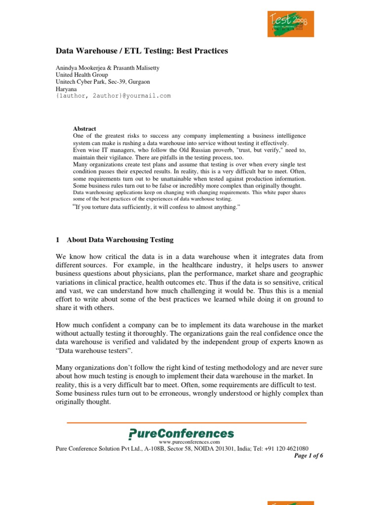 Data Warehouse ETL Testing Best Practices | PDF | Software Testing ...