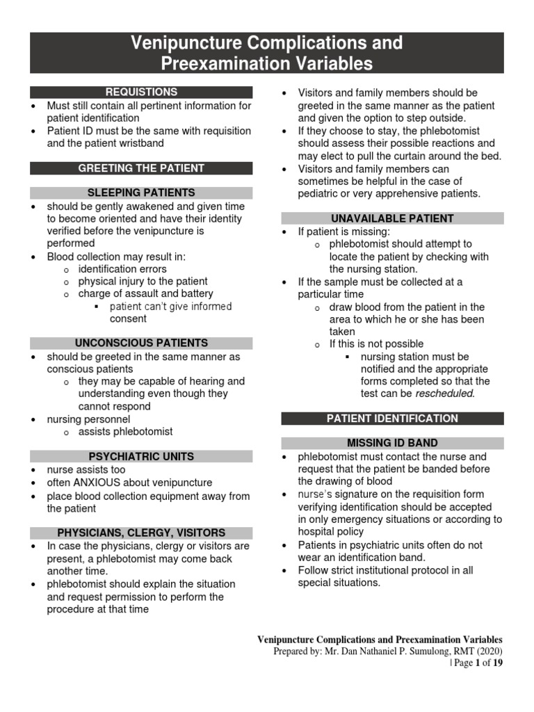 Venipuncture Complications and Preexamination Variables: Requistions ...