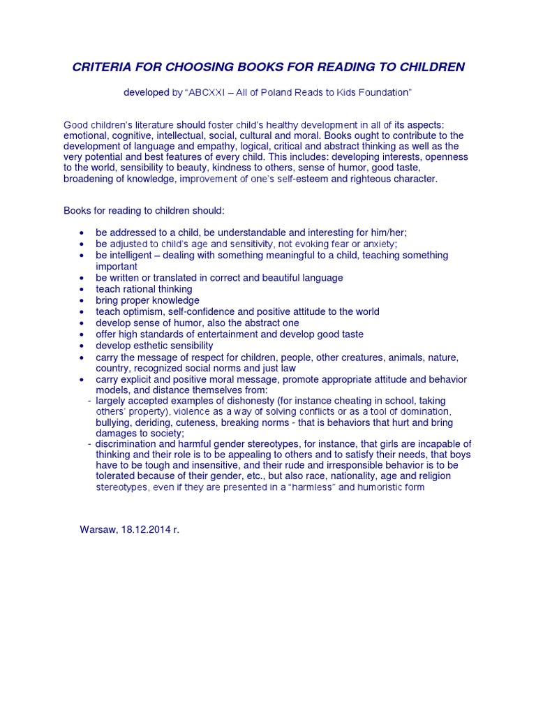 Criteria For Choosing Books For Reading To Children | PDF