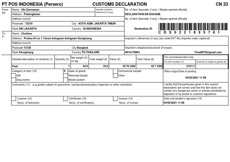 Declaration en Douane: Sender Customs Reference (If Any) | Download Free PDF | Customs | Business