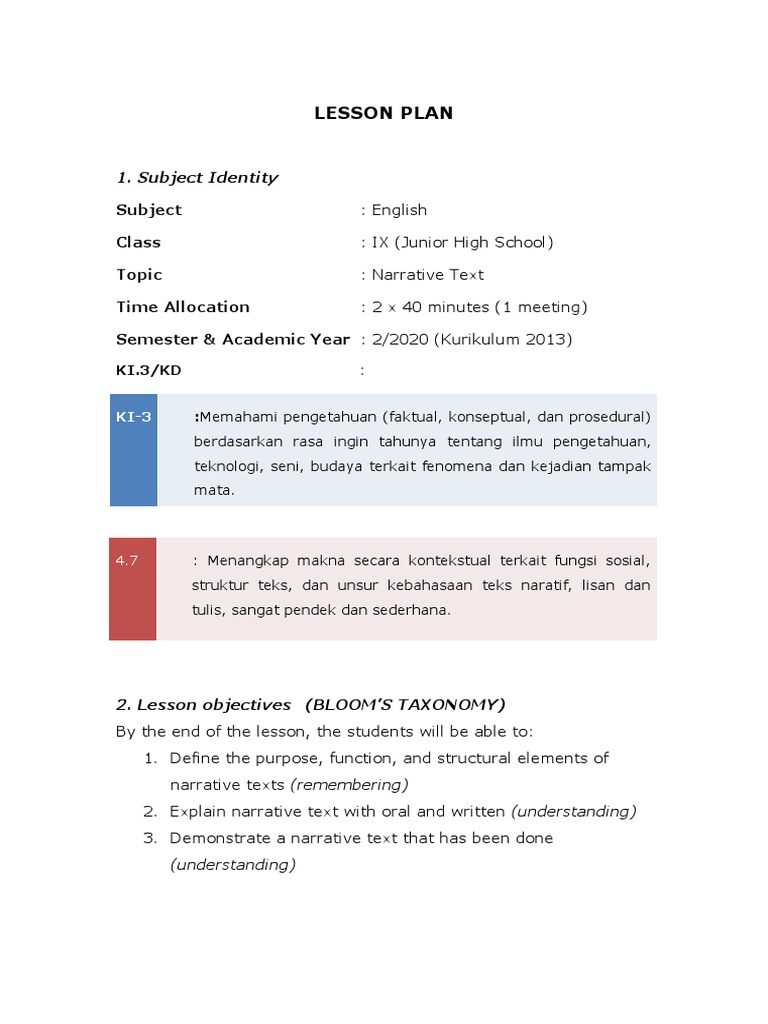 LESSON PLAN Narrative Text Lesson for Junior High Students | PDF ...