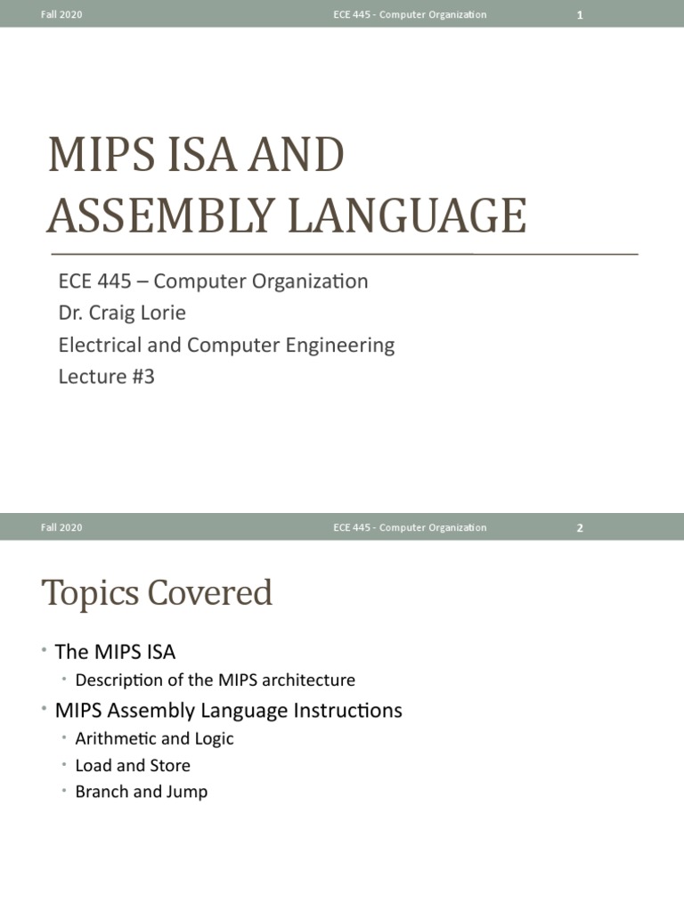 ECE 445 - Fall 2020 - Lecture 3 - MIPS ISA and Assembly Language | PDF | Assembly Language ...