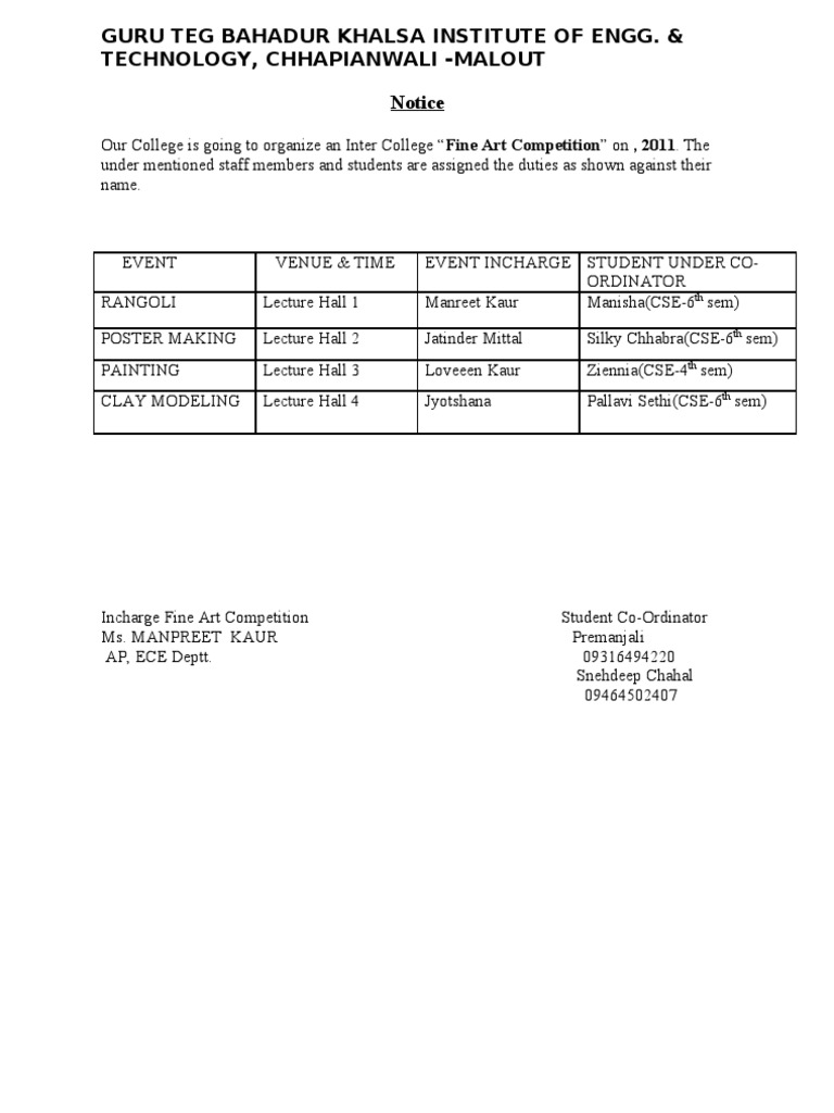 Inter College Fine Art Competition Notice | PDF