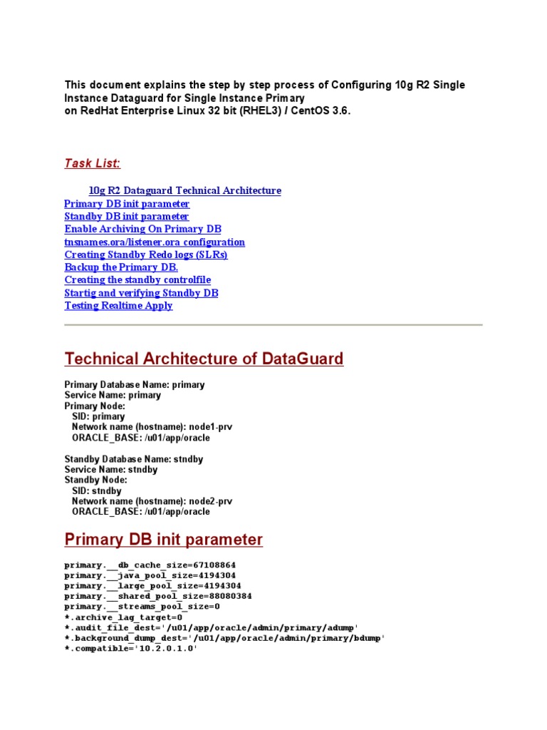 Configure 10g R2 Single Instance Dataguard for Primary on RHEL | PDF | Information Technology ...