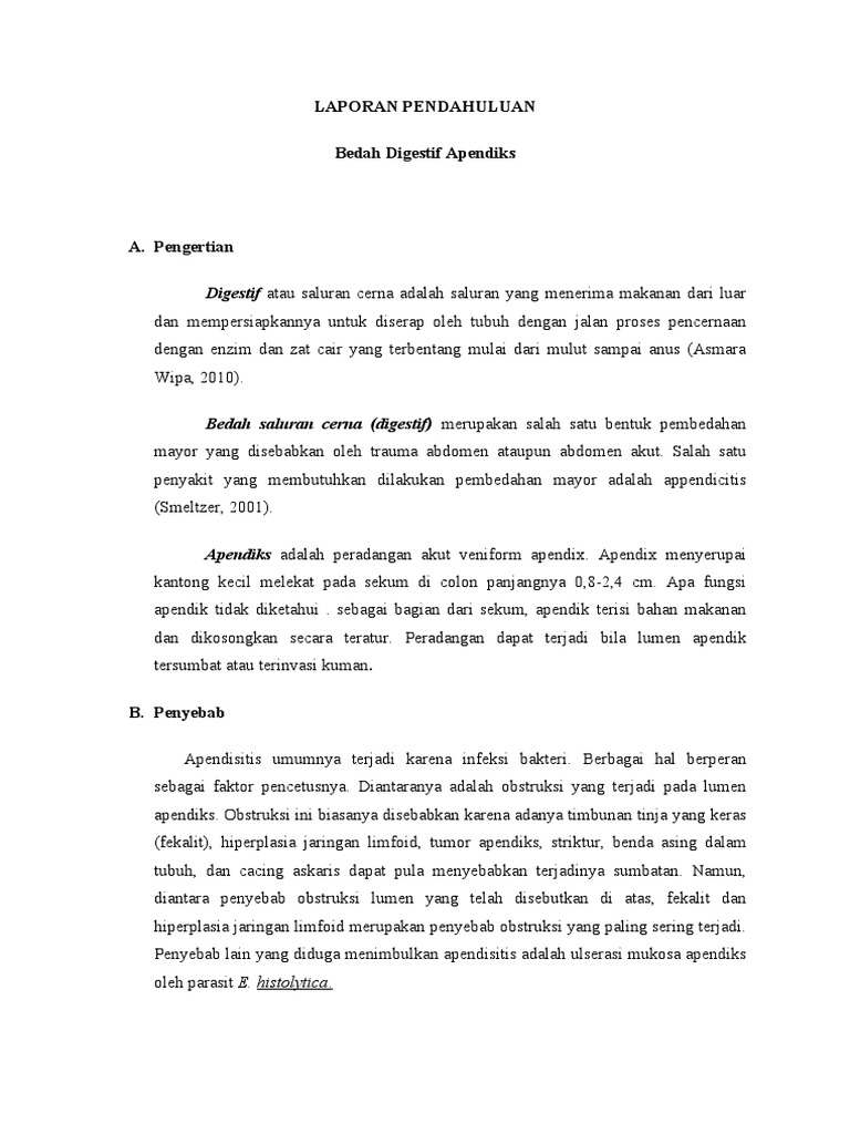 LAPORAN PENDAHULUAN Bedah Digestif Apendiks | PDF