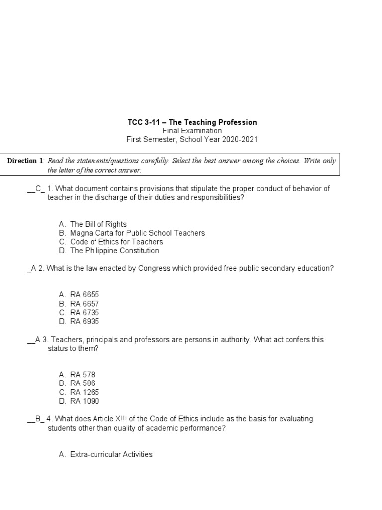 The Letter of The Correct Answer.: TCC 3-11 - The Teaching Profession ...
