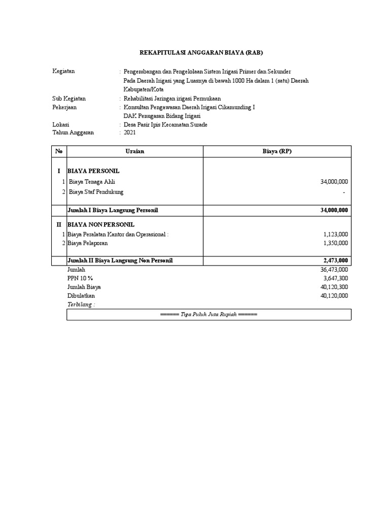RAB Konsultan Pengawas Dak Bidang Irigasi DI. Cikamunding I PAGU | PDF