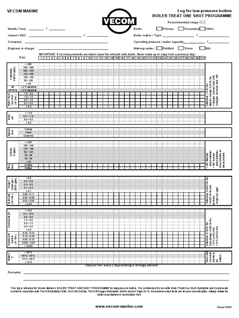 Boiler Water Log Sheet BOILER TREAT ONE SHOT PROGRAMME | PDF | Dose ...