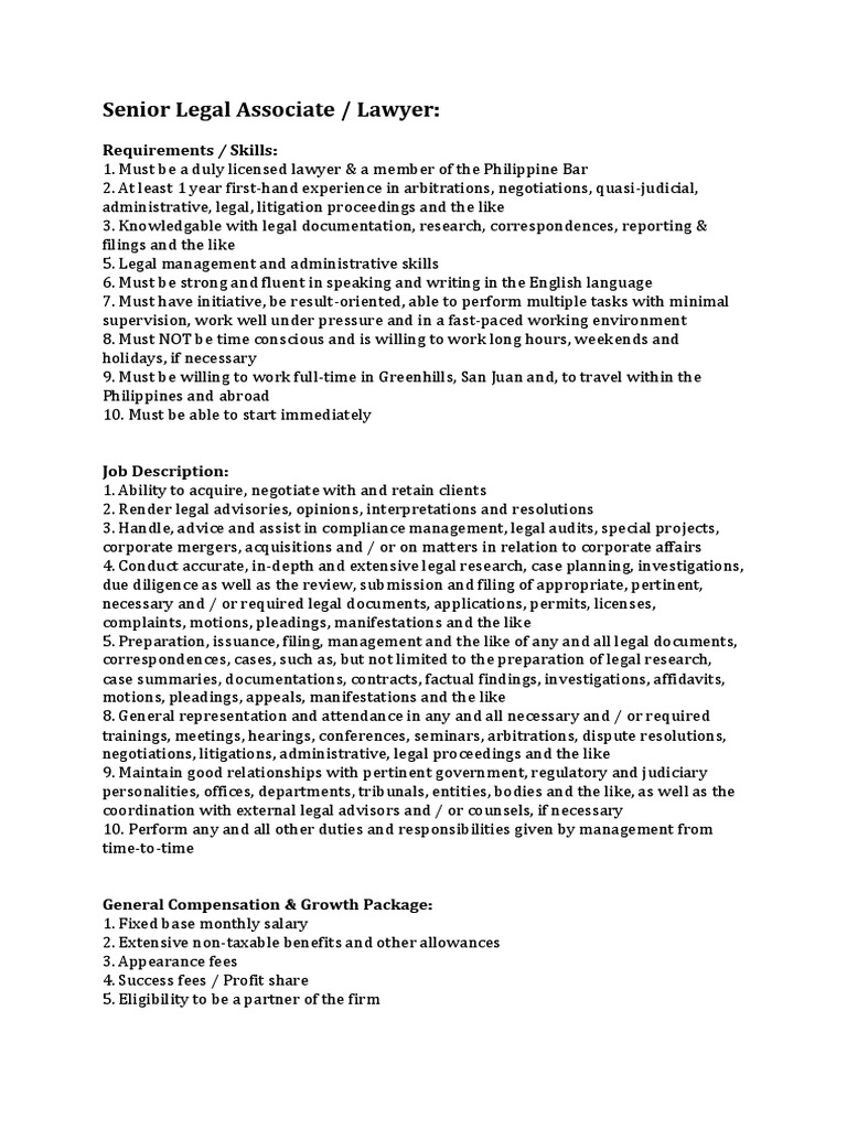 Senior Legal Associate / Lawyer:: Requirements / Skills | PDF | Lawsuit ...