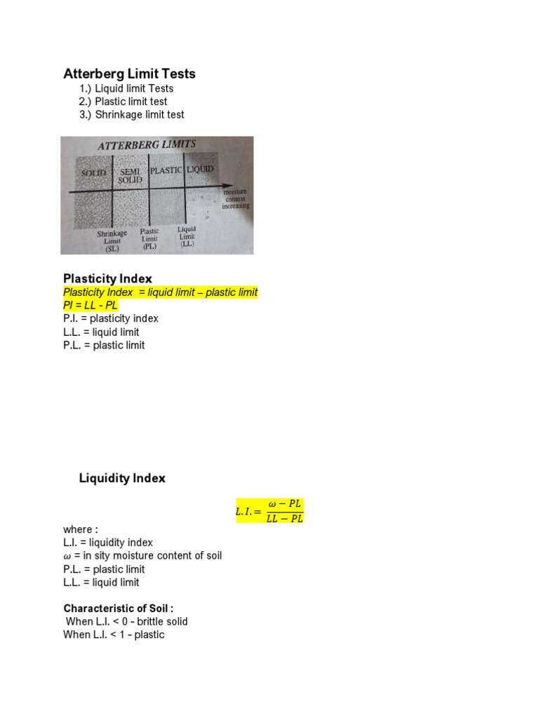 Atterberg Limits Formula | PDF | Soil | Geotechnical Engineering