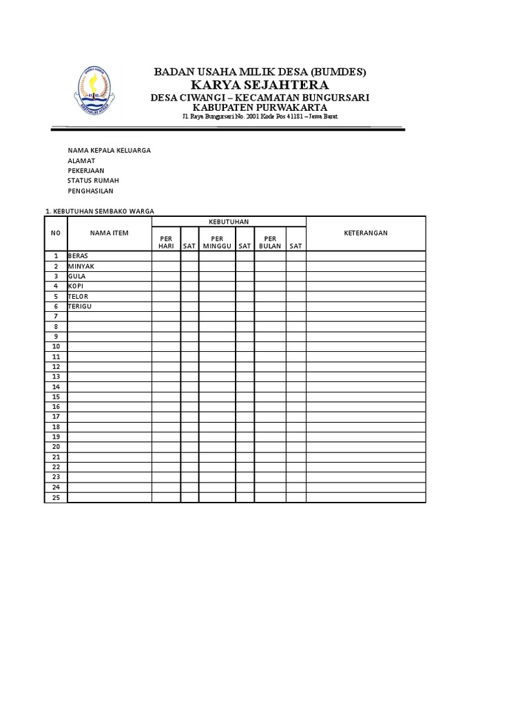 Form Survey Kebutuhan Sembako Warga | PDF