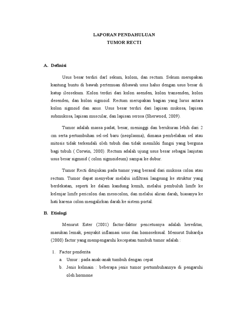 Laporan Pendahuluan Tumor Recti | PDF | Pengembangan Diri | Kesehatan Holistik