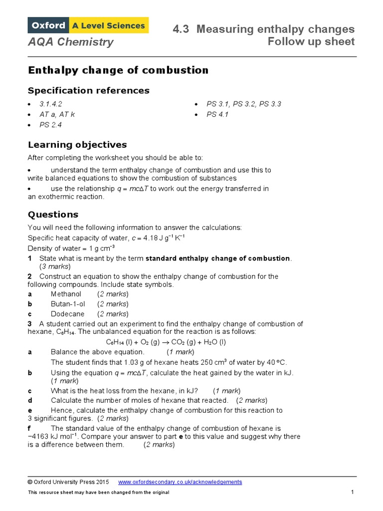 AQA Chemistry: 4.3 Measuring Enthalpy Changes Follow Up Sheet | PDF ...