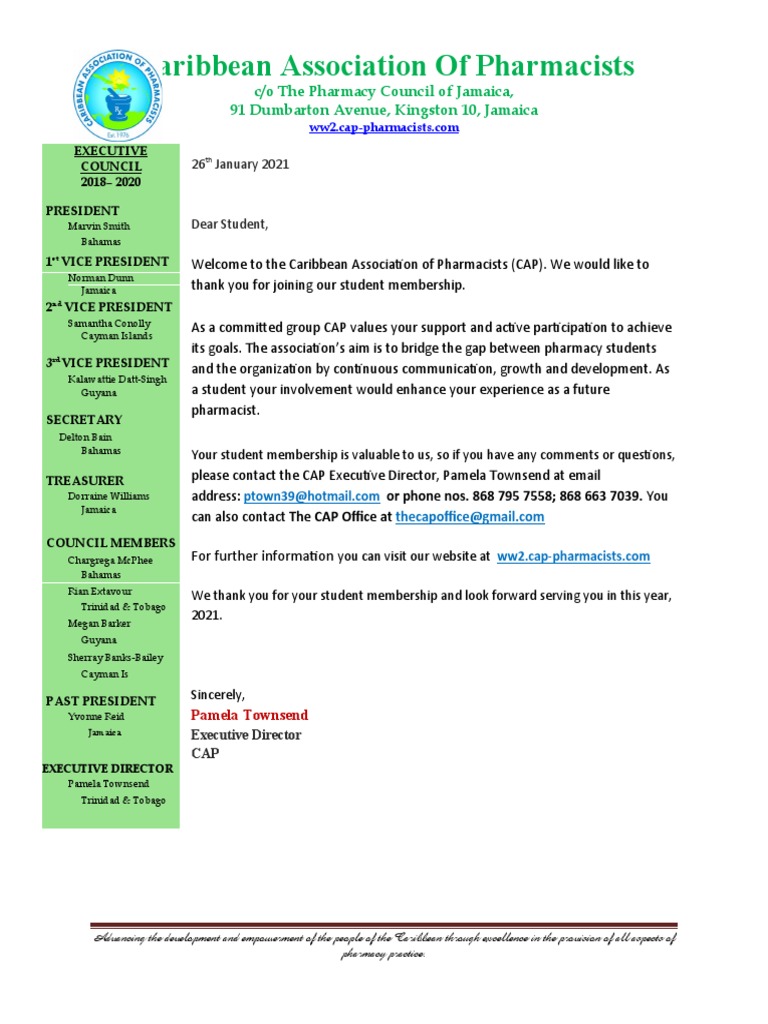 CAP Student Welcome Letter 2021 | PDF | Pharmacist | Health Care