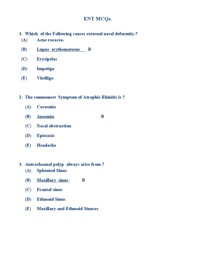ENT MCQs Clinical 14 Qs. | PDF | Human Nose | Human Anatomy