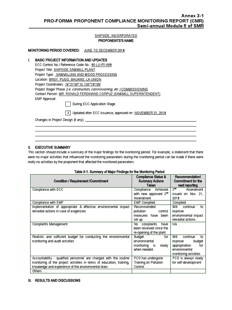 Annex 3-1 Pro-Forma Proponent Compliance Monitoring Report (CMR) Semi ...