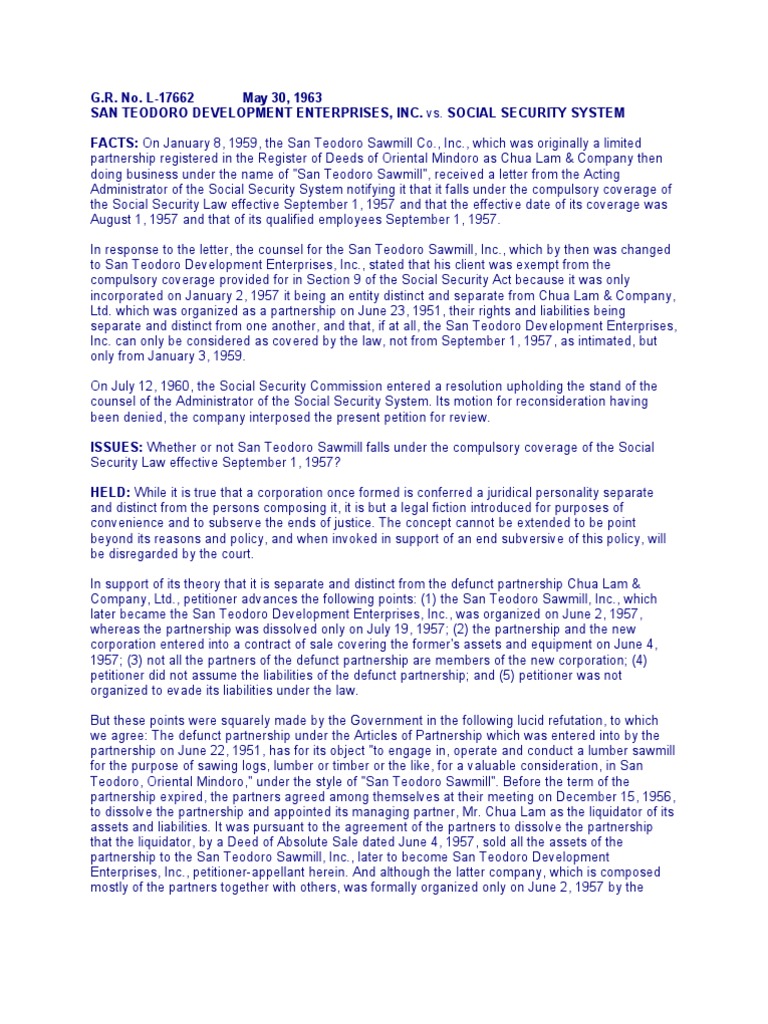 San Teodoro Sawmill Social Security Case | PDF | Partnership | Corporations