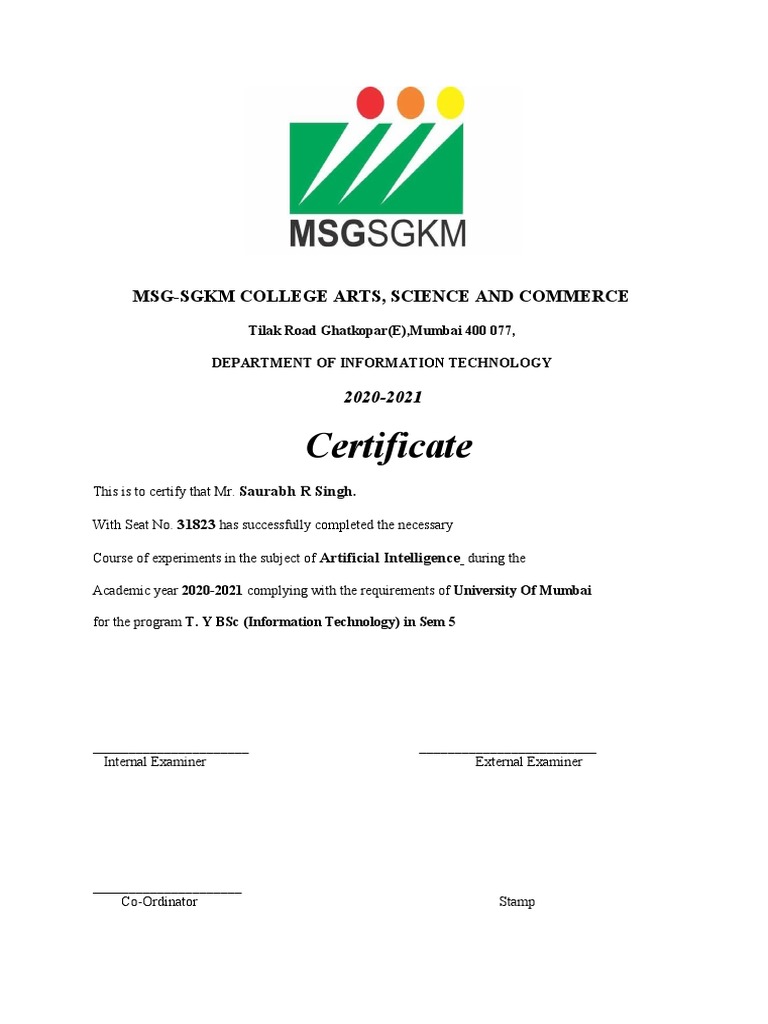 Certificate: MSG-SGKM College Arts, Science and Commerce | PDF ...