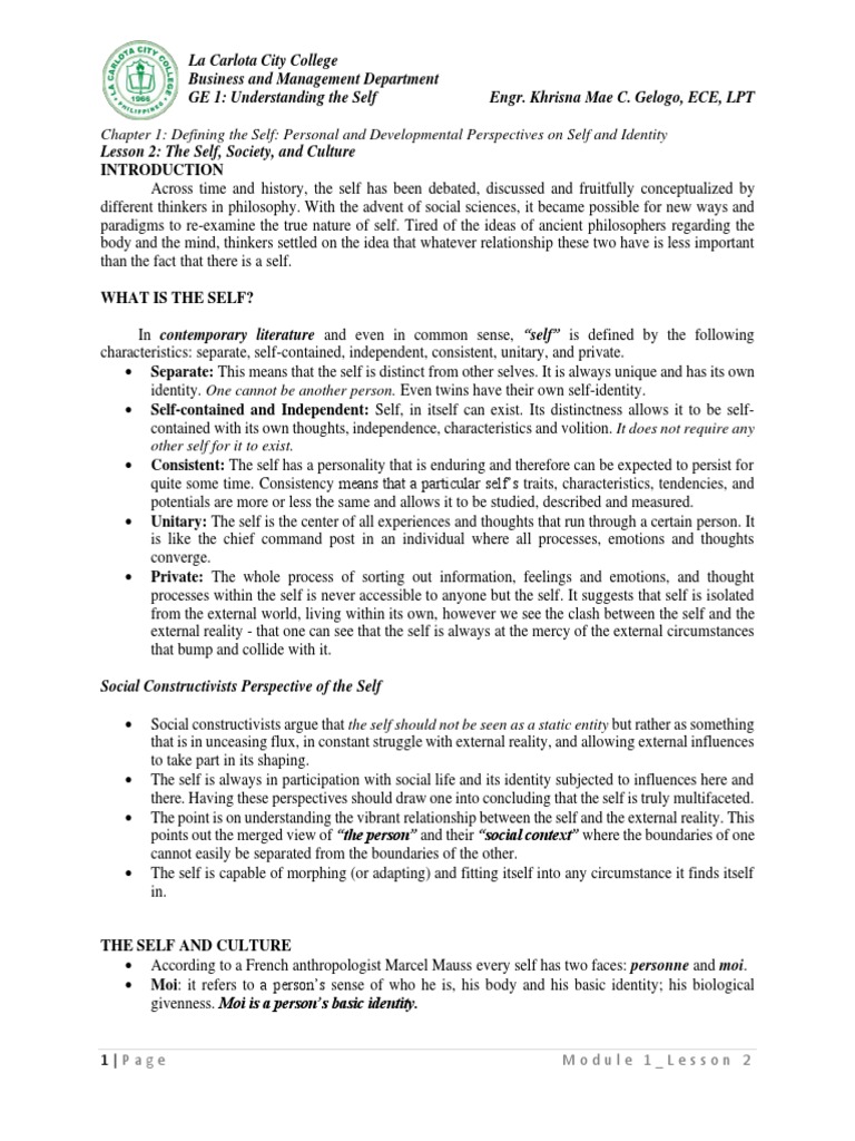 Module 1 (Defining The Self) - Lesson 2 | PDF | Self | Identity (Social ...
