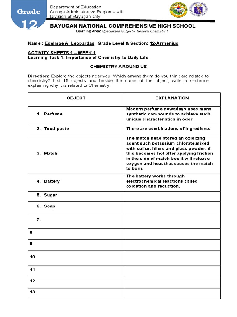 Chemistry Answer Sheet - Week 1 | PDF | Chemical Substances | Matter