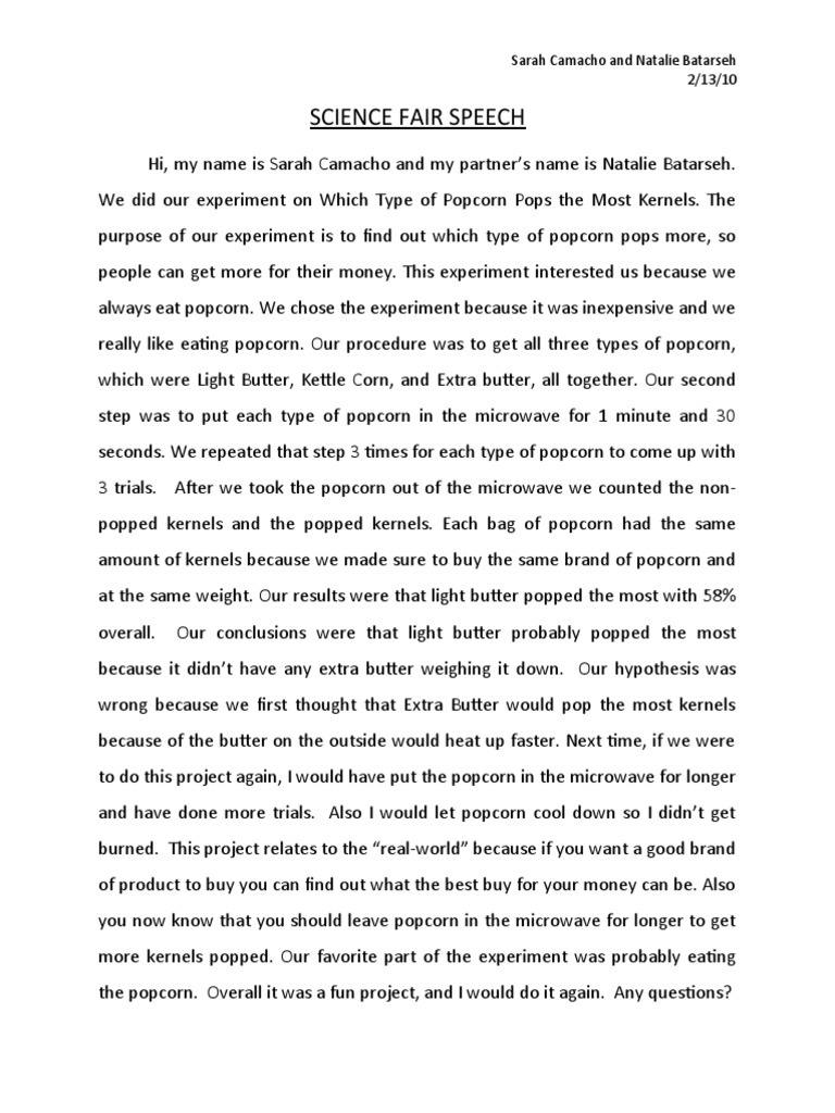 Science Fair Speech | PDF | Cooking, Food & Wine