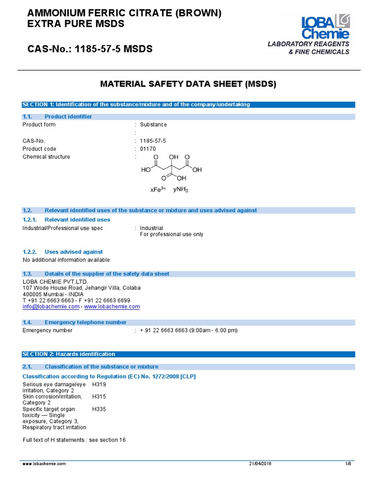 Msds Ammonium Ferric Citrate Brown Casno 1185-57-01170 en | PDF ...