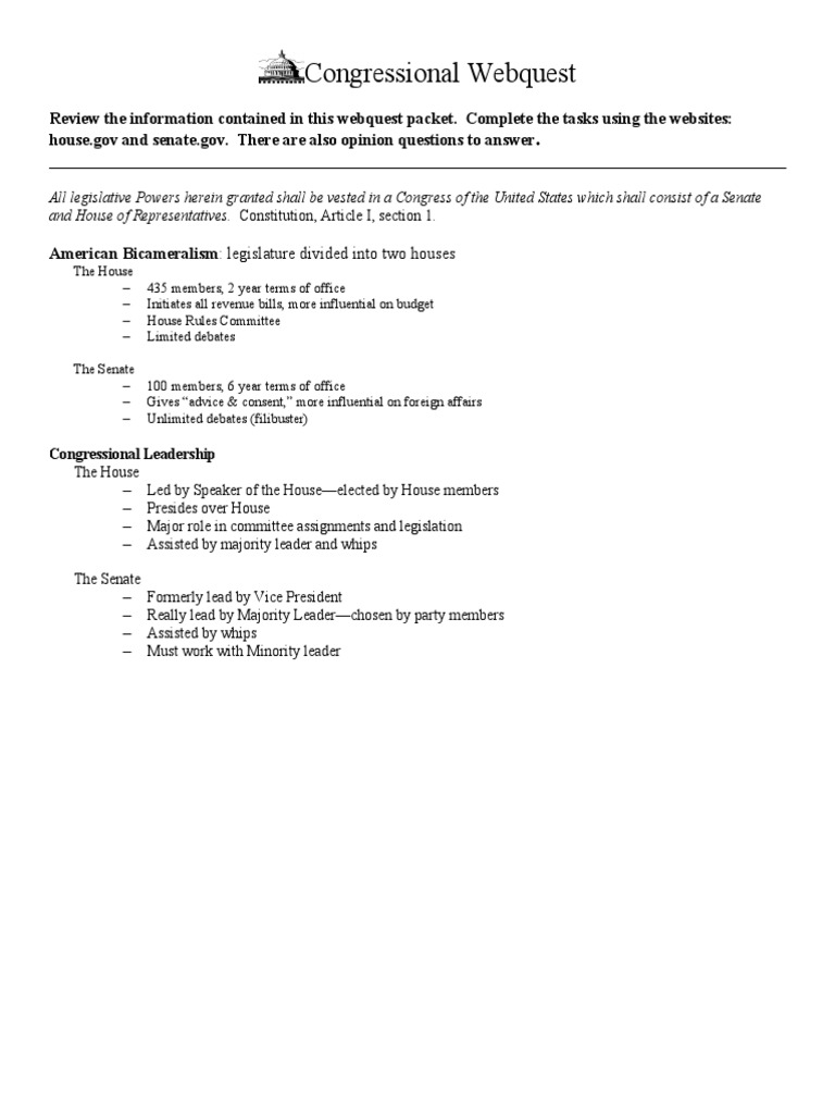 Congressional Webquest | PDF | Party Leaders Of The United States House ...