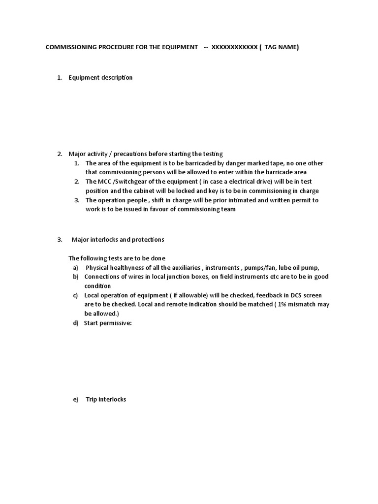 Commissioning Procedure For The Equipment - XXXXXXXXXXXX (Tag Name) | PDF