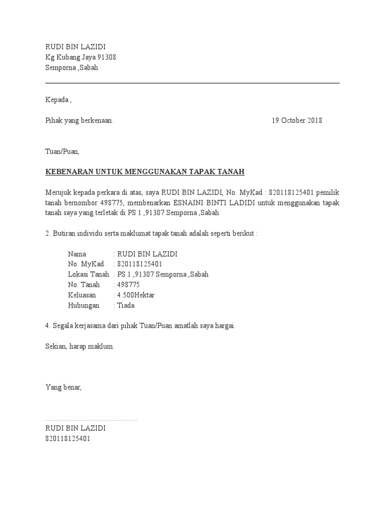 Surat Kebenaran Menggunakan Tanah | PDF