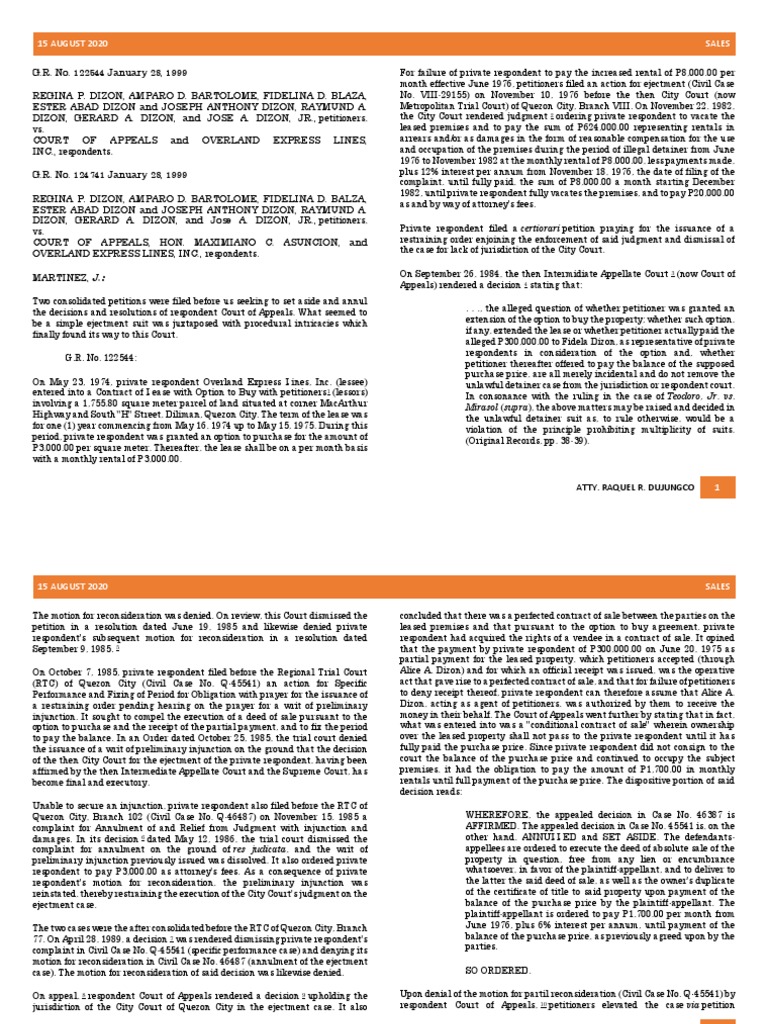 01 Dizon v. CA, 302 SCRA 288 (1999) | PDF | Lease | Lawsuit