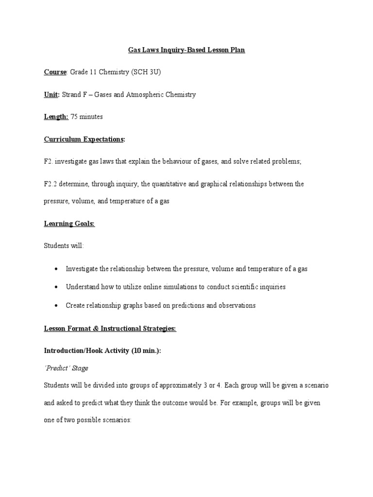 Gas Laws Inquiry Lesson Plan | PDF | Inquiry Based Learning | Gases