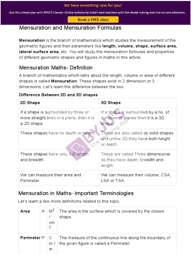 Mensuration and Mensuration Formulas PDF | PDF | Area | Shape