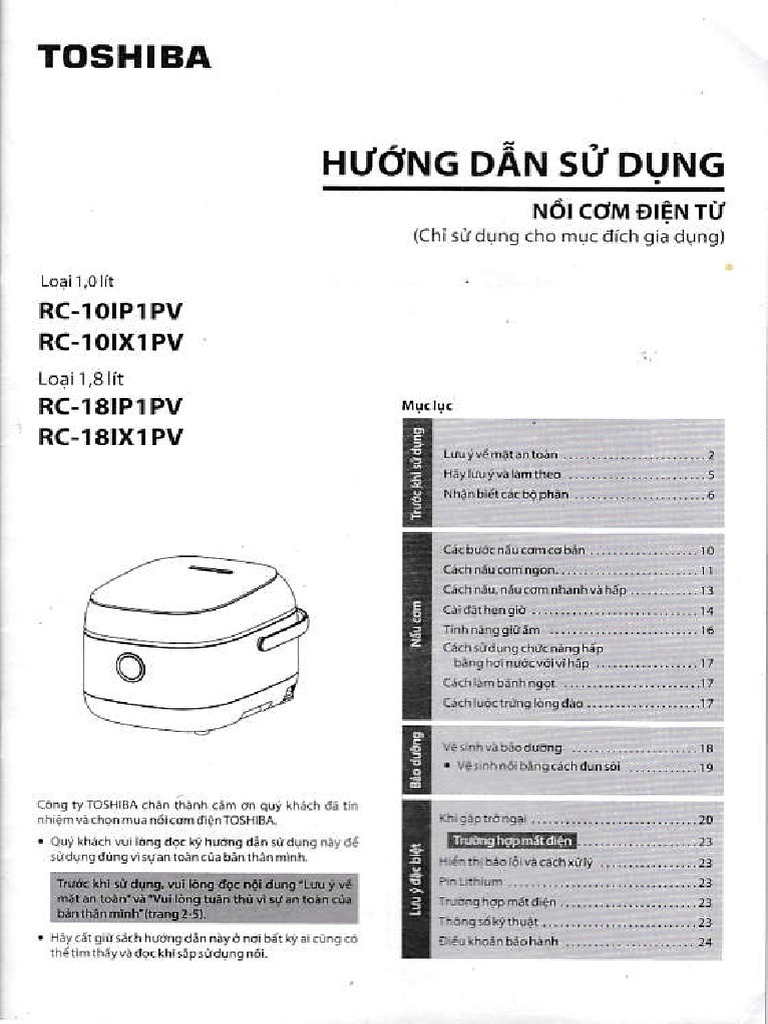 HDSD Nồi Cơm Điện Tử Toshiba RC-18IP1PV | PDF