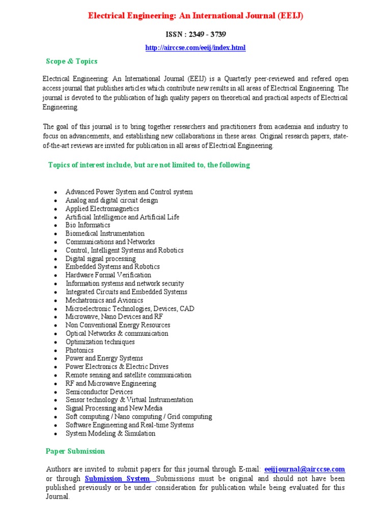 EEIJ: Call for Electrical Engineering Papers | PDF | Electrical ...