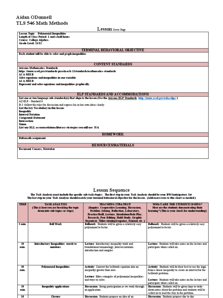 Lesson Plan 2020 Aidan Odonnell Math Methods | PDF | Language Arts ...