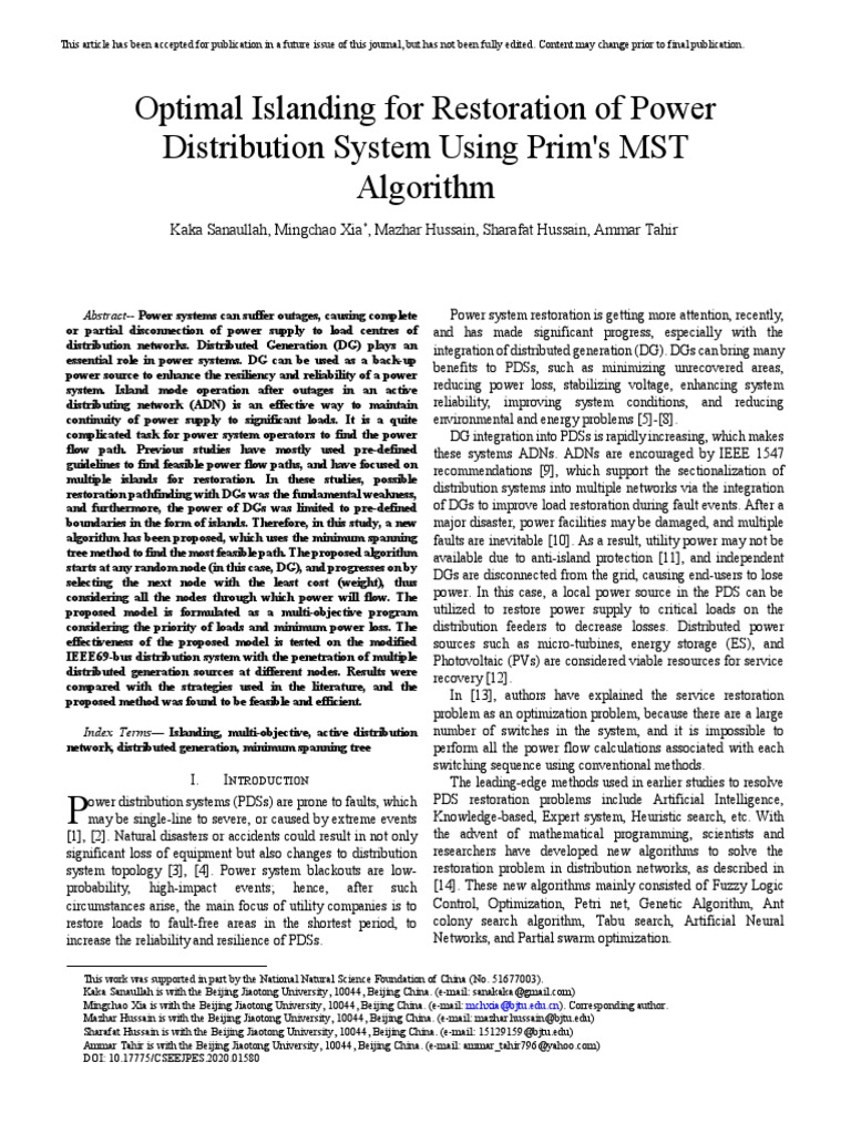 Optimal Islanding For Restoration of Power Distribution System Using Prim's MST Algorithm | PDF ...