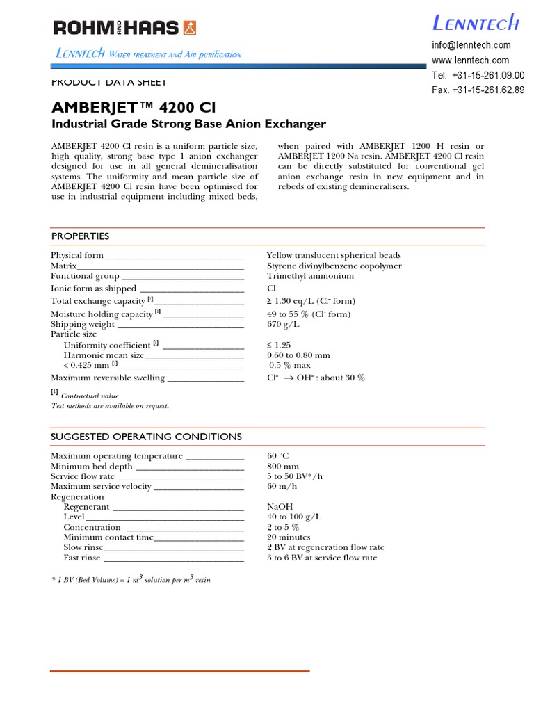 Amberjet-4200-Cl-L | PDF | Ion Exchange | Flow Measurement